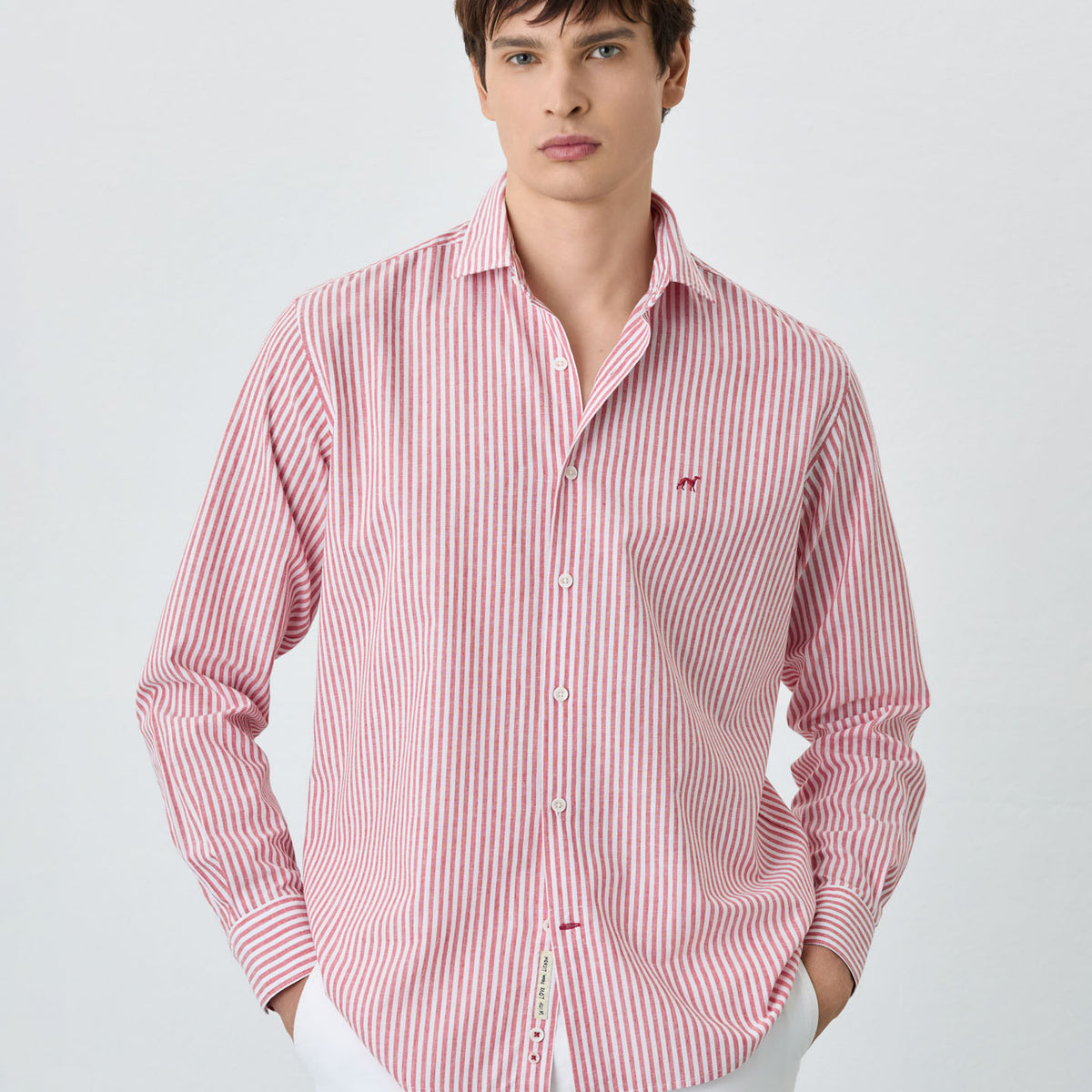Regular Fit Shirt With Open Collar In Cotton-linen Blend With Stripes ...