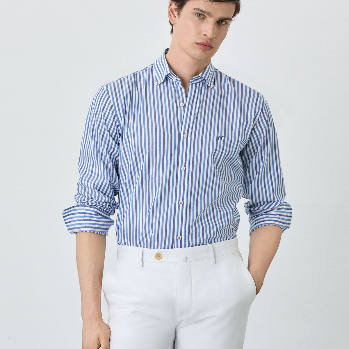 Slim Fit Shirt With Button Down Collar In BCI Cotton With Stripes ...