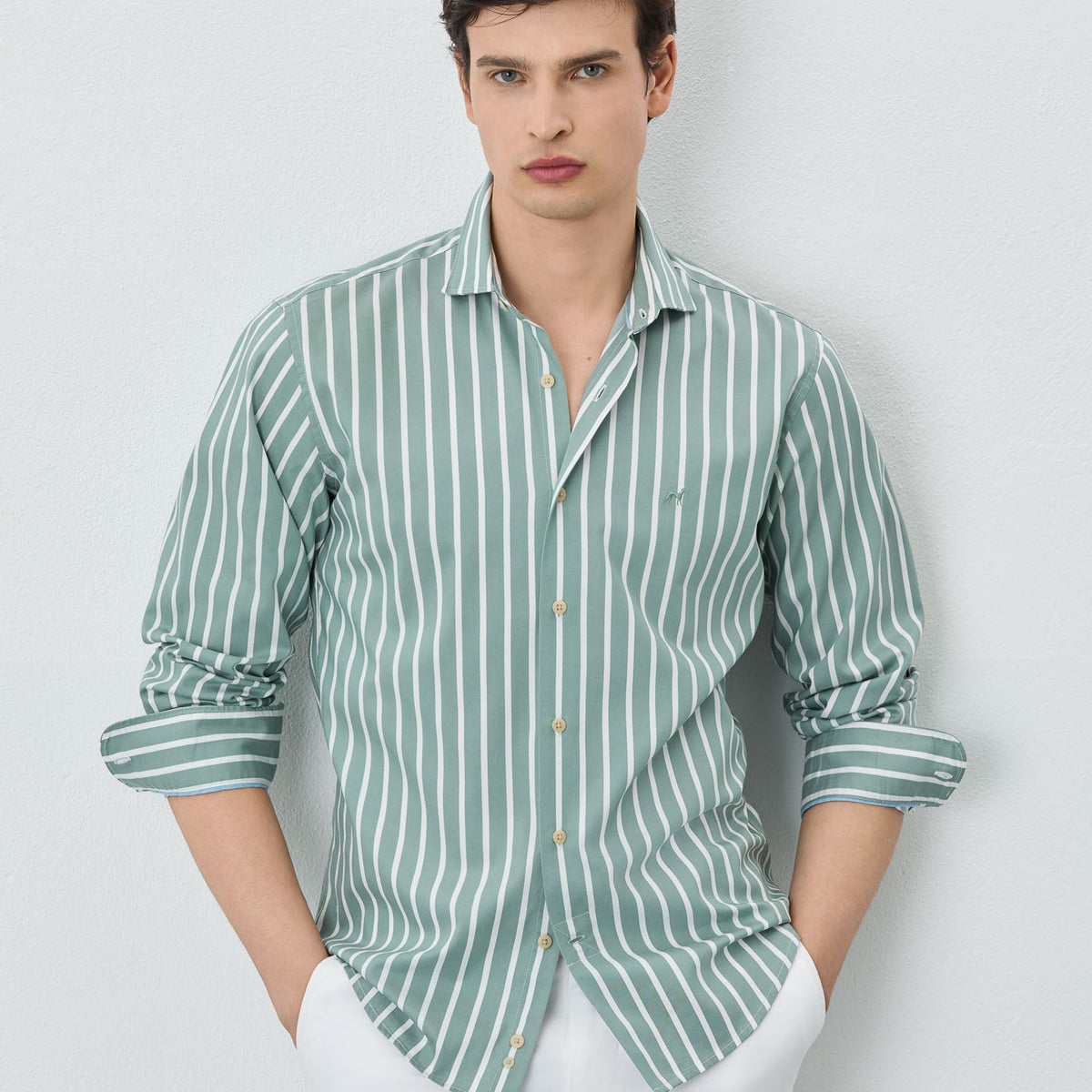 Slim Fit Shirt With Open Collar In BCI Cotton With Stripes – Sacoor ...