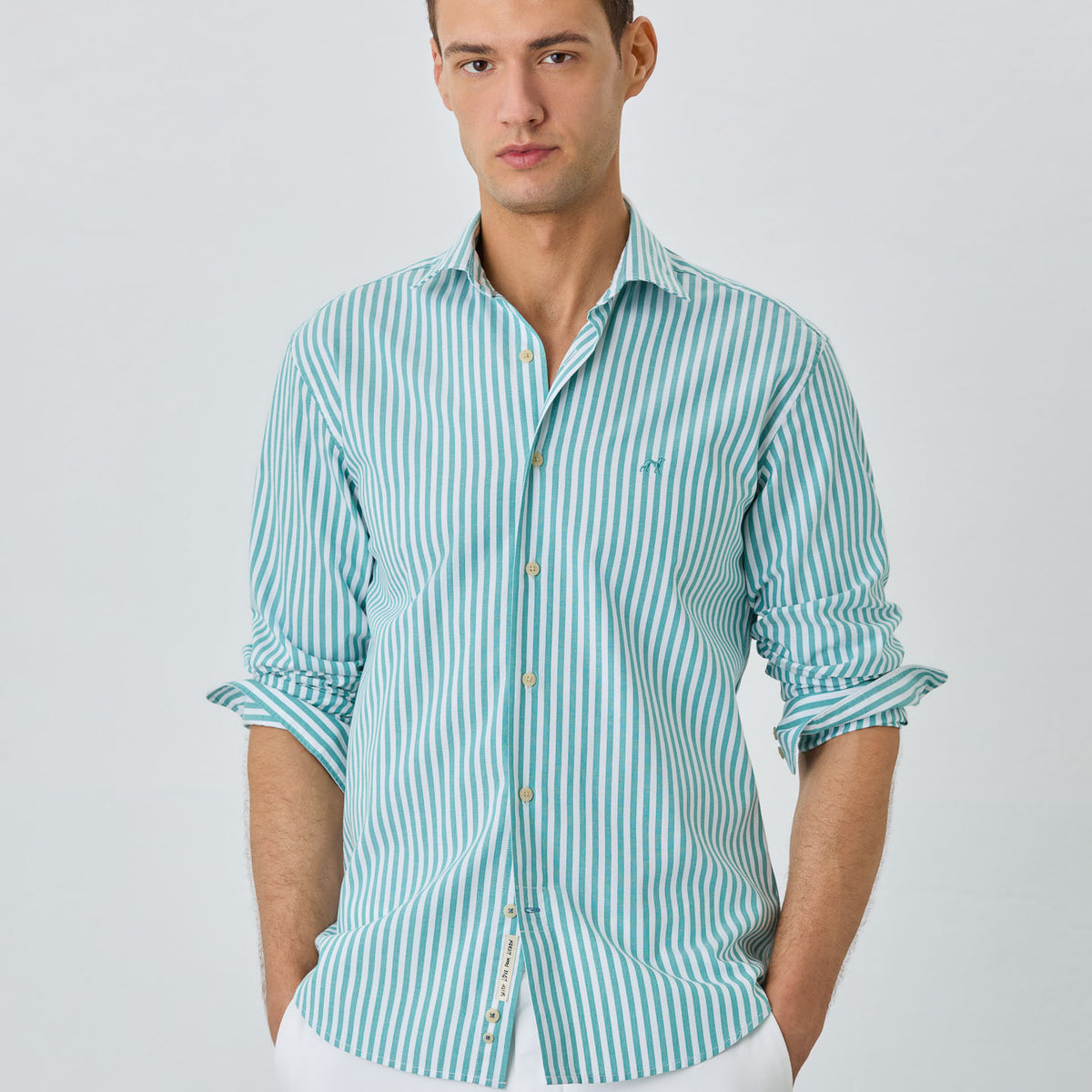 Slim Fit Shirt With Open Collar in BCI Cotton With Stripes – Sacoor ...