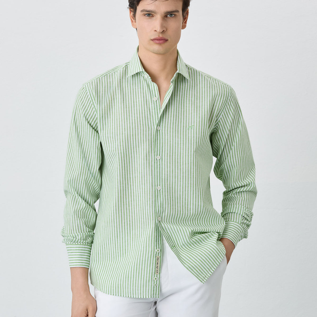 Regular Fit Shirt With Open Collar In Cotton-linen Blend With Stripes ...