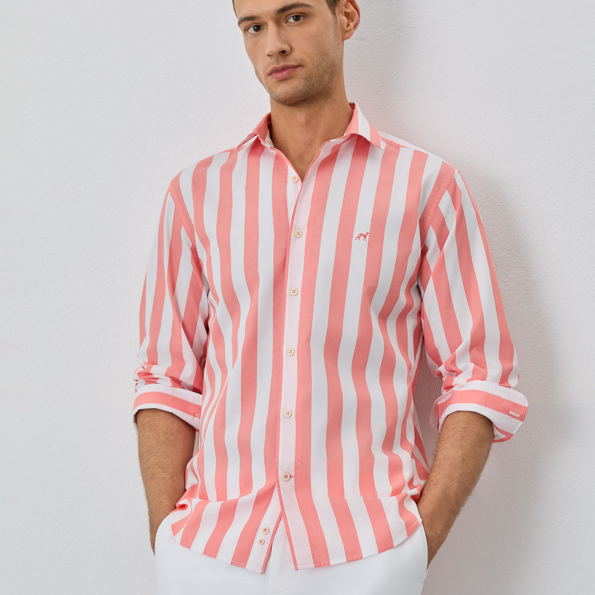 Slim Fit Shirt With Open Collar In BCI Cotton With Stripes – Sacoor ...
