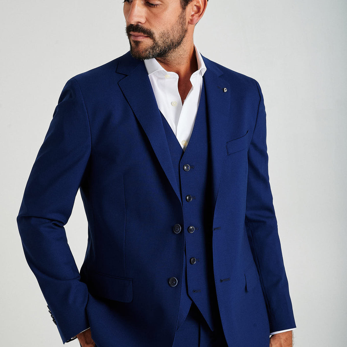 Slim fit comfort wool elastane 3 pieces suit half canvas construction ...