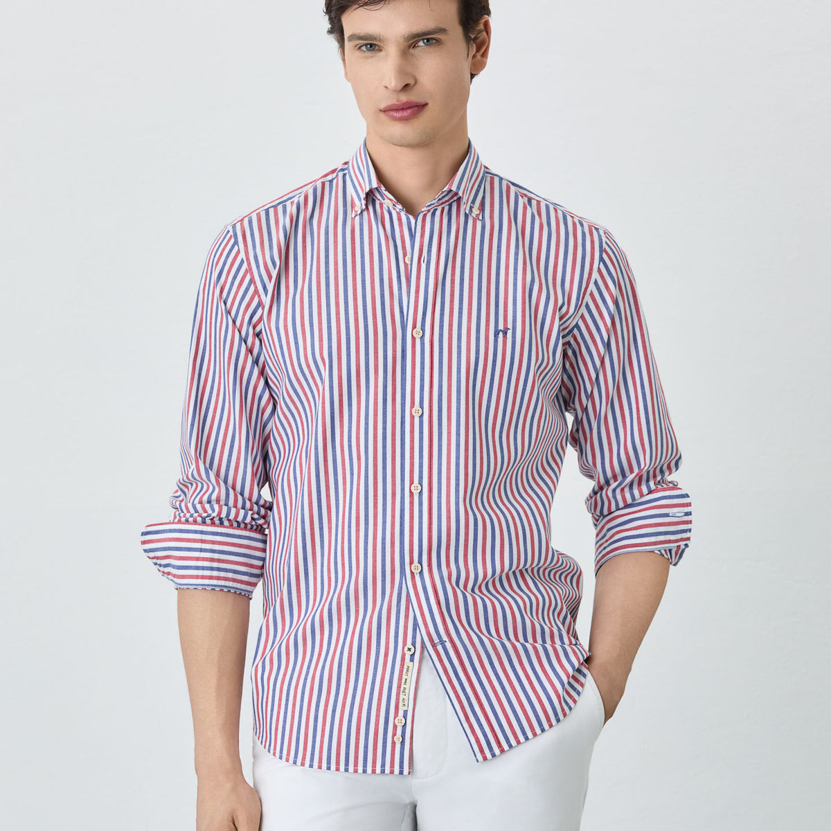 Slim Fit Shirt With Button Down Collar in BCI Cotton With Stripes ...