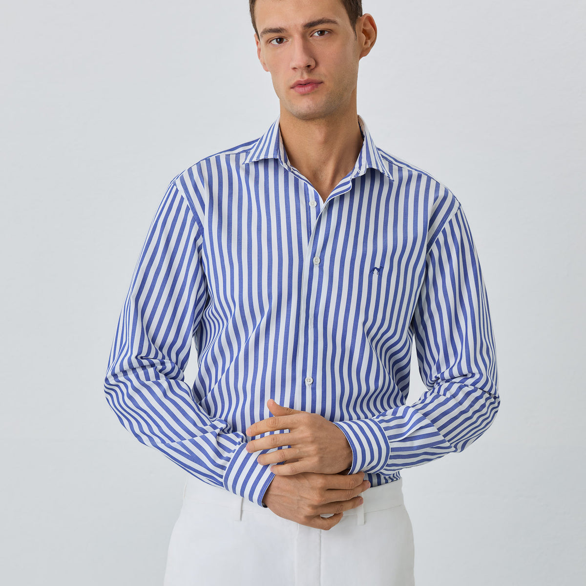 Slim Fit Shirt With Open Collar in BCI Cotton With Stripes – Sacoor ...