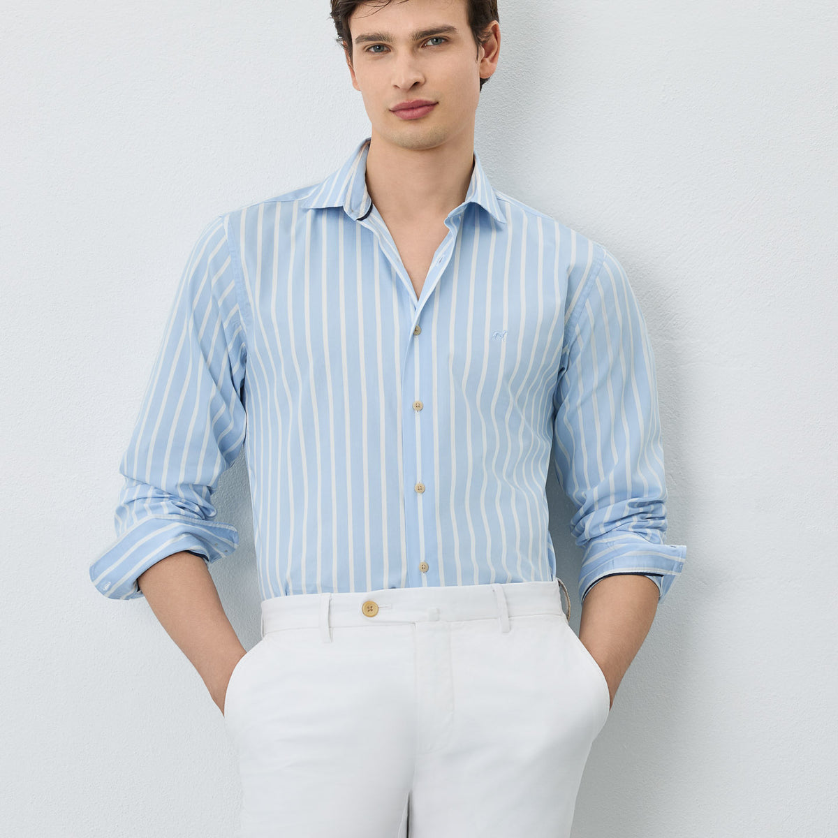 Slim Fit Shirt With Open Collar In BCI Cotton With Stripes – Sacoor ...