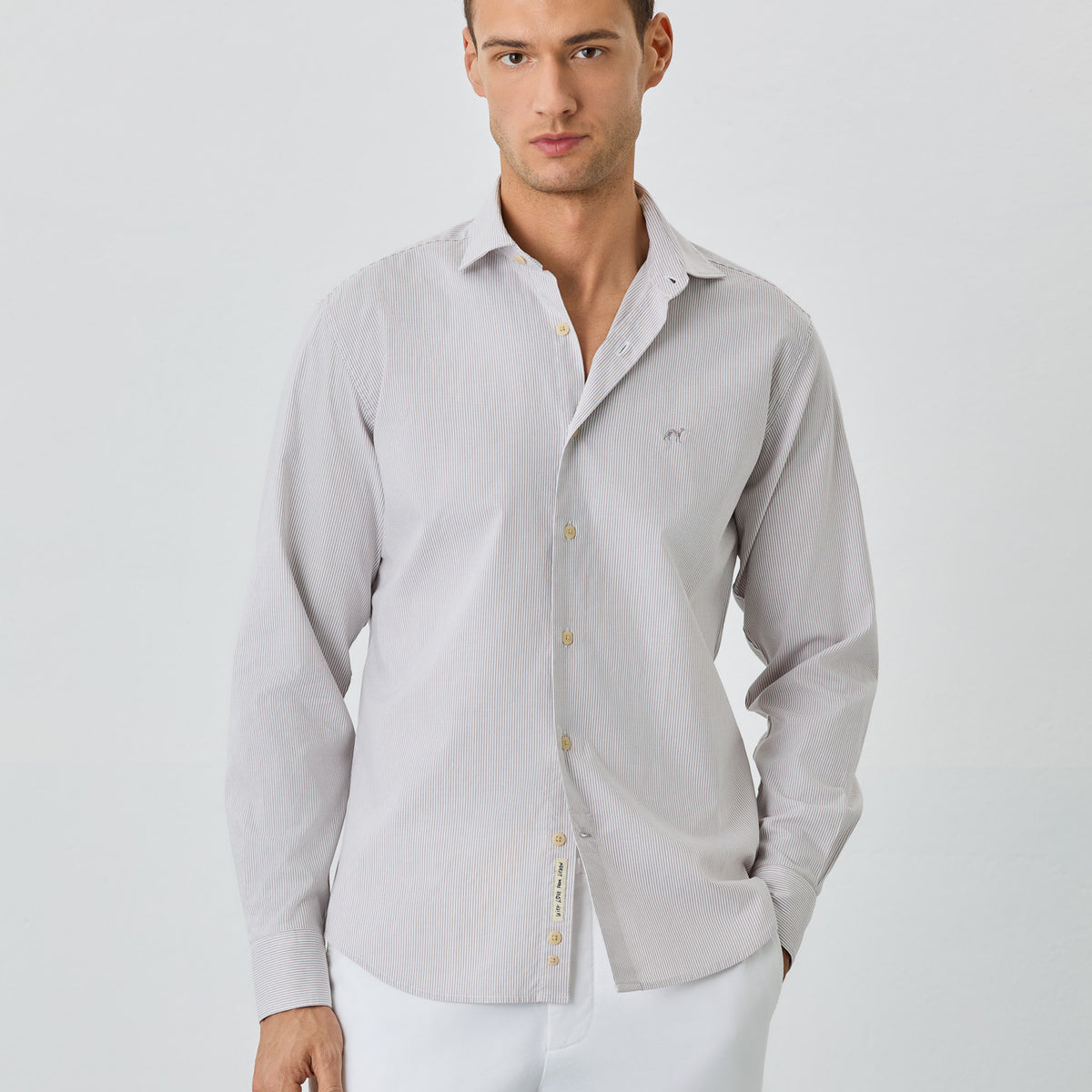 Slim Fit Shirt With Open Collar in BCI Cotton With Stripes – Sacoor ...