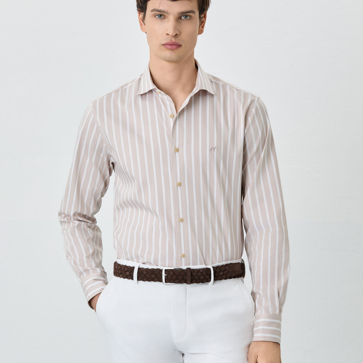 Slim Fit Shirt With Open Collar In BCI Cotton With Stripes – Sacoor ...