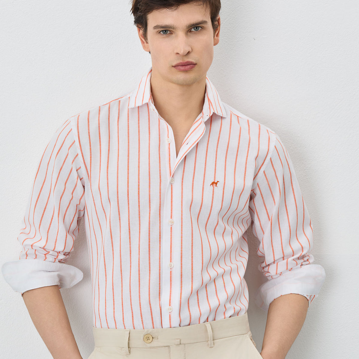Slim Fit Shirt With Open Collar In Cotton-linen Blend With Stripes ...