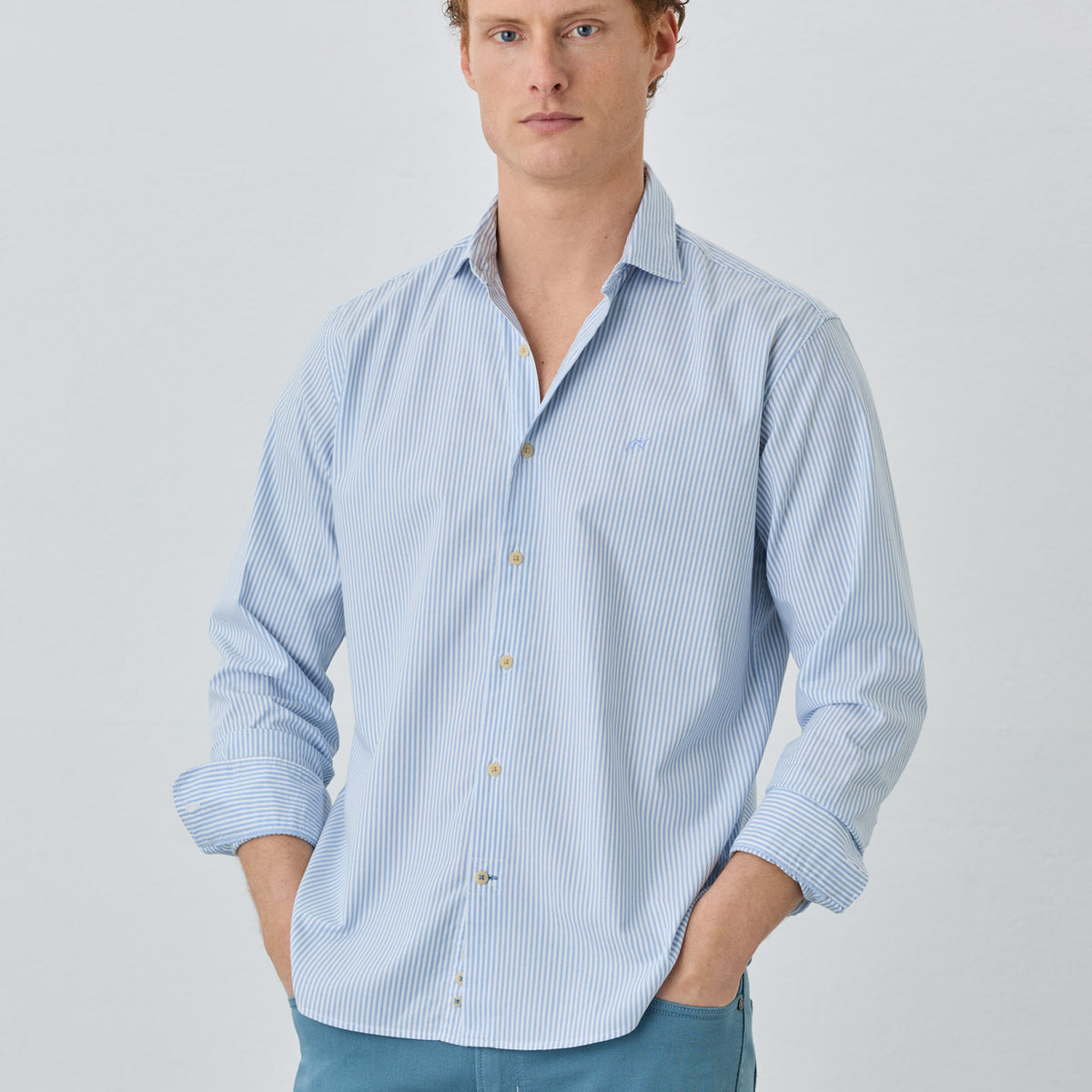 Regular Fit Shirt With Open Collar In BCI Cotton With Stripes – Sacoor ...